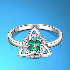 St Patricks Day Shamrock Ring Clover Ring for Women Sterling Silver Clover Rings Green Irish Lucky Friendship Leaf Celtic Knot Cubic Zirconia Triangle Jewelry Size 8
