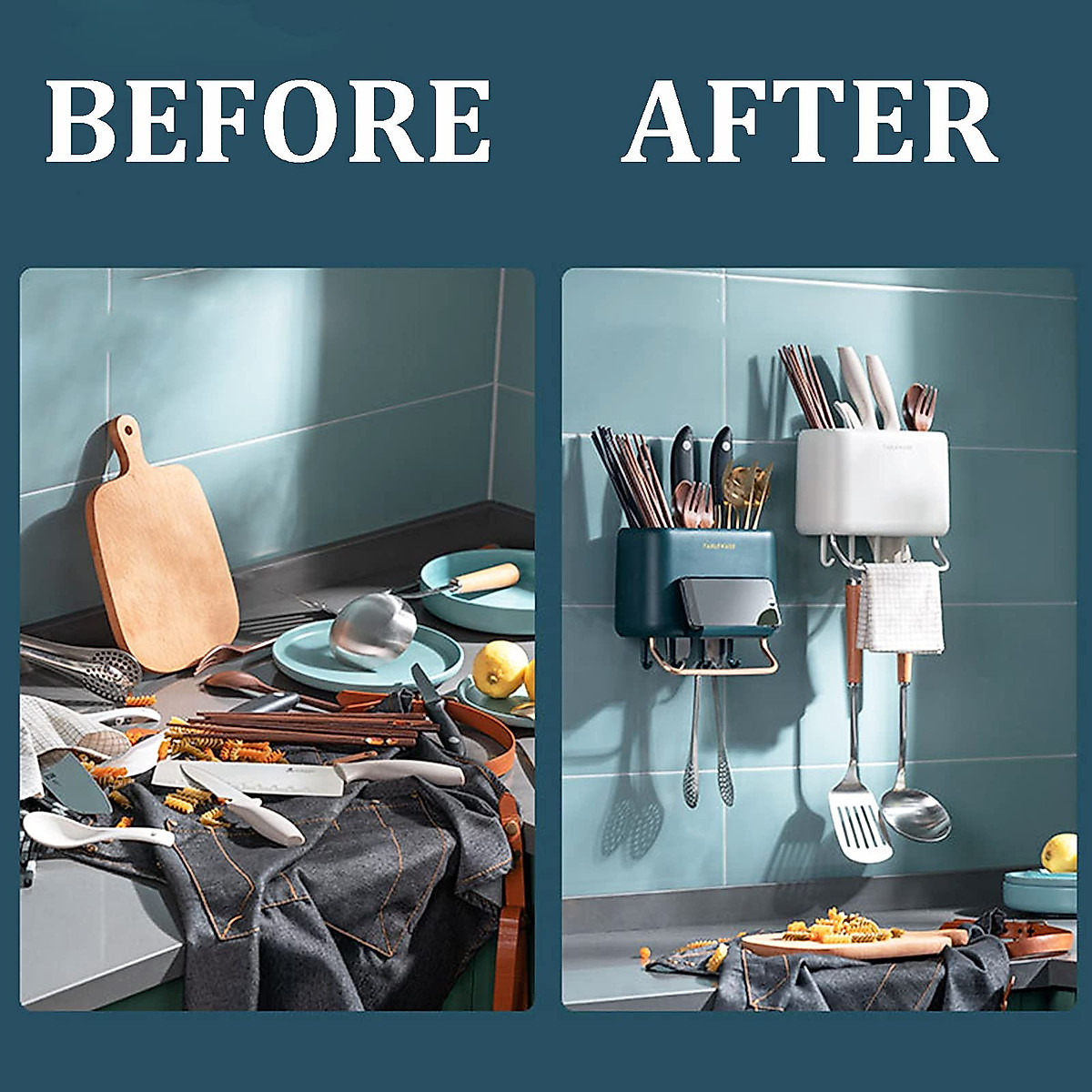 Kitchen Utensil Holder for Wall Hanging White Cooking Utensil Crock with 3 Dividers, Plastic Cutlery Caddy, Practical Utensil Pot for Counter for Fork Spoon Knife Spatula Flatware Silverware