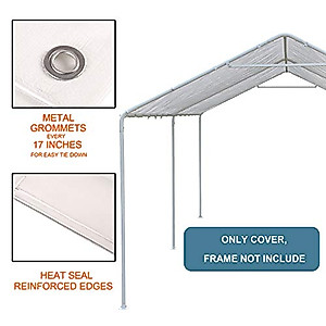 Thanaddo 10 x 20 Ft Carport Replacement Canopy Cover Garage Top Tent Shelter Tarp with Free 48 Ball Bungee Cords,White(Only Cover, Frame Not Include) (10x20 Ft, White)