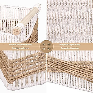 LaMorée Storage Baskets 3 PCS Paper Rope Woven Storage Bin Set with Natural Wooden Handles Decorative Boho Wicker Boxes for Tabletop Shelves Home Office Nursery Organizer Container – Brown and White