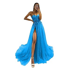 CWOAPO 3D Appliques Teen Girl Prom Dresses Plus Size Birthday Dress for Women Dexy Glitter Tulle Ball Gown with Slit Blue Dress for Wedding Guest US24W