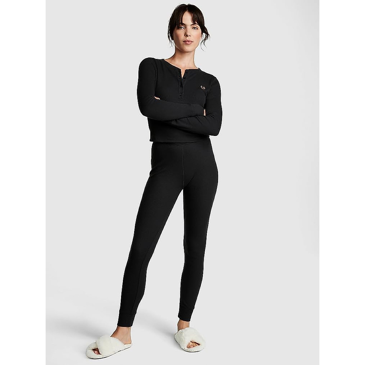 Victoria's Secret PINK Thermal Cropped Long Sleeve Shirt and Legging Pajama Set, PJ Set for Women, 2 Piece Lounge Set PJs, Women's Sleepwear, Black (XL)