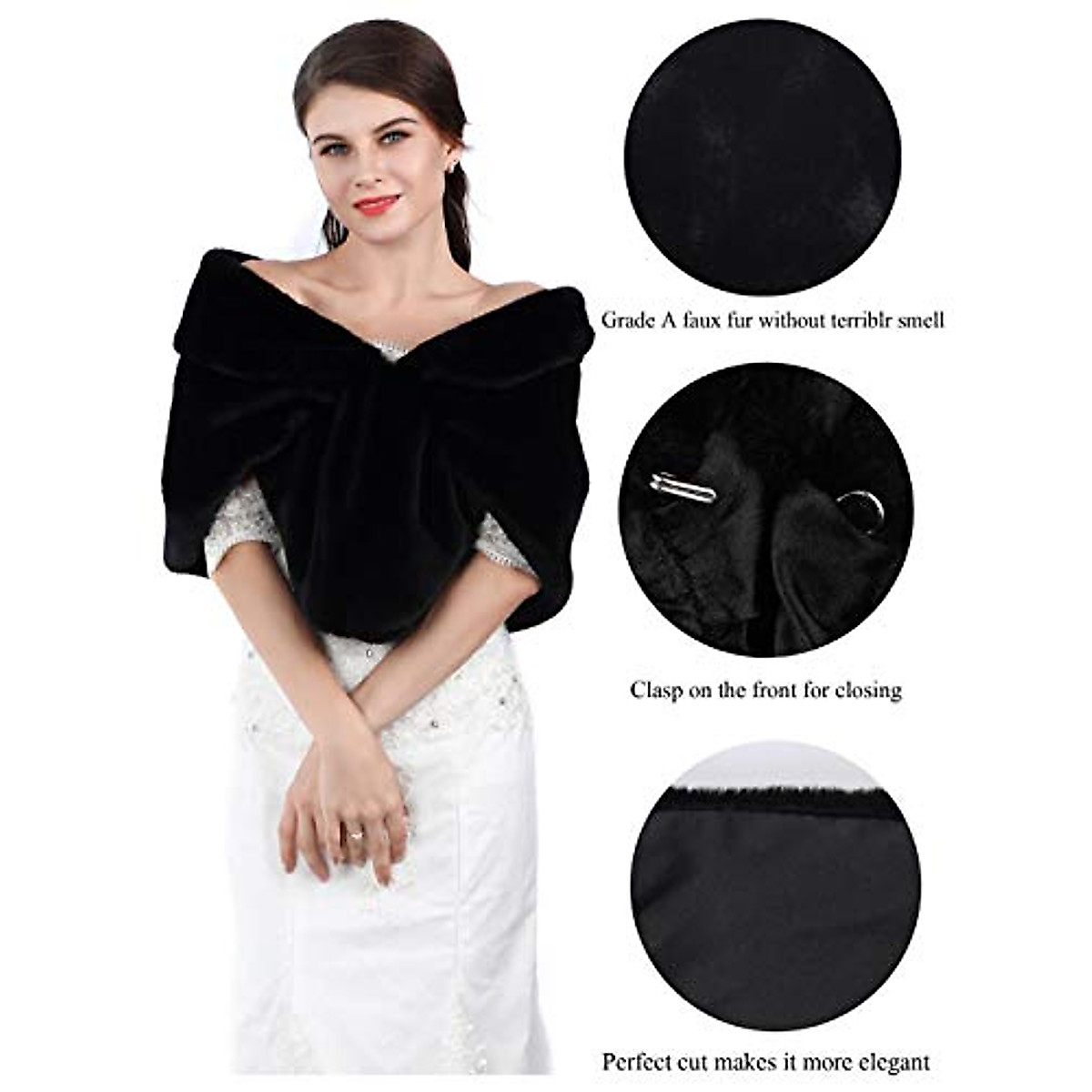 Unicra Wedding Fur Wraps and Shawls Faux Fox Fur Stoles Winter Cover Up with Rhinestones Brooch for Women and Girls (US 4-14(S-M), Black)