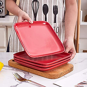 Bruntmor 8 inch Ceramic Dinner Plates- Set of 4, Porcelain Pasta Salad Plate Set For Kitchen, Dinnerware Dish Set, Dishwasher & Microwave Safe - Red