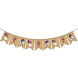 Doumeny 4th of July Burlap Banner, American Gnome Patriotic Rustic Banner Bunting USA Independence Day Bunting Garland American Stars Banner Flag for Memorial Veterans Days Labor Day Mantel Fireplace