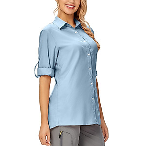 Women Long Sleeve Sun Protection Shirts, UV Fishing Hiking Button Safari Dry Quick Lightweight Lightweight,5019 Blue,Small