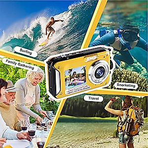 Waterproof Digital Camera Underwater Camera Full HD 2.7K 48 MP Video Recorder Selfie Dual Screens 16X Digital Zoom Flashlight Waterproof Camera for Snorkeling (Yellow)