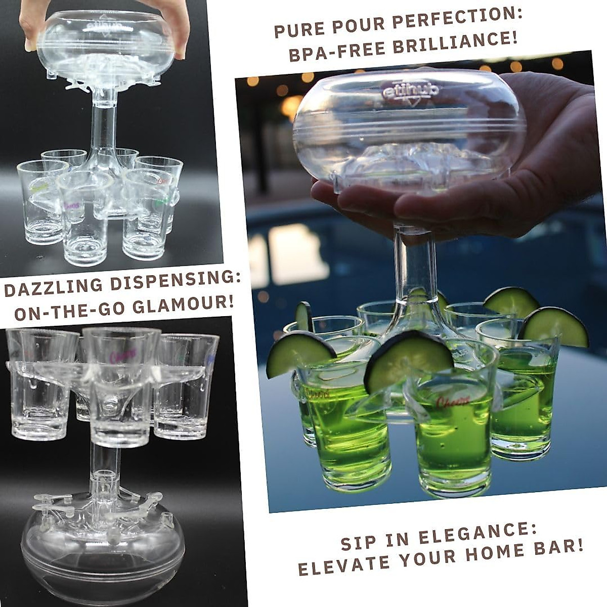 Etihub Shot Glass Dispenser And Holder - Party Drink Set For Liquor With 6 Glasses, Cool Glass Shots Game Accessories, Cute Of Fountains Fun 6x Pourer Bar Stuff, Unique 21 Birthday Parties Machine
