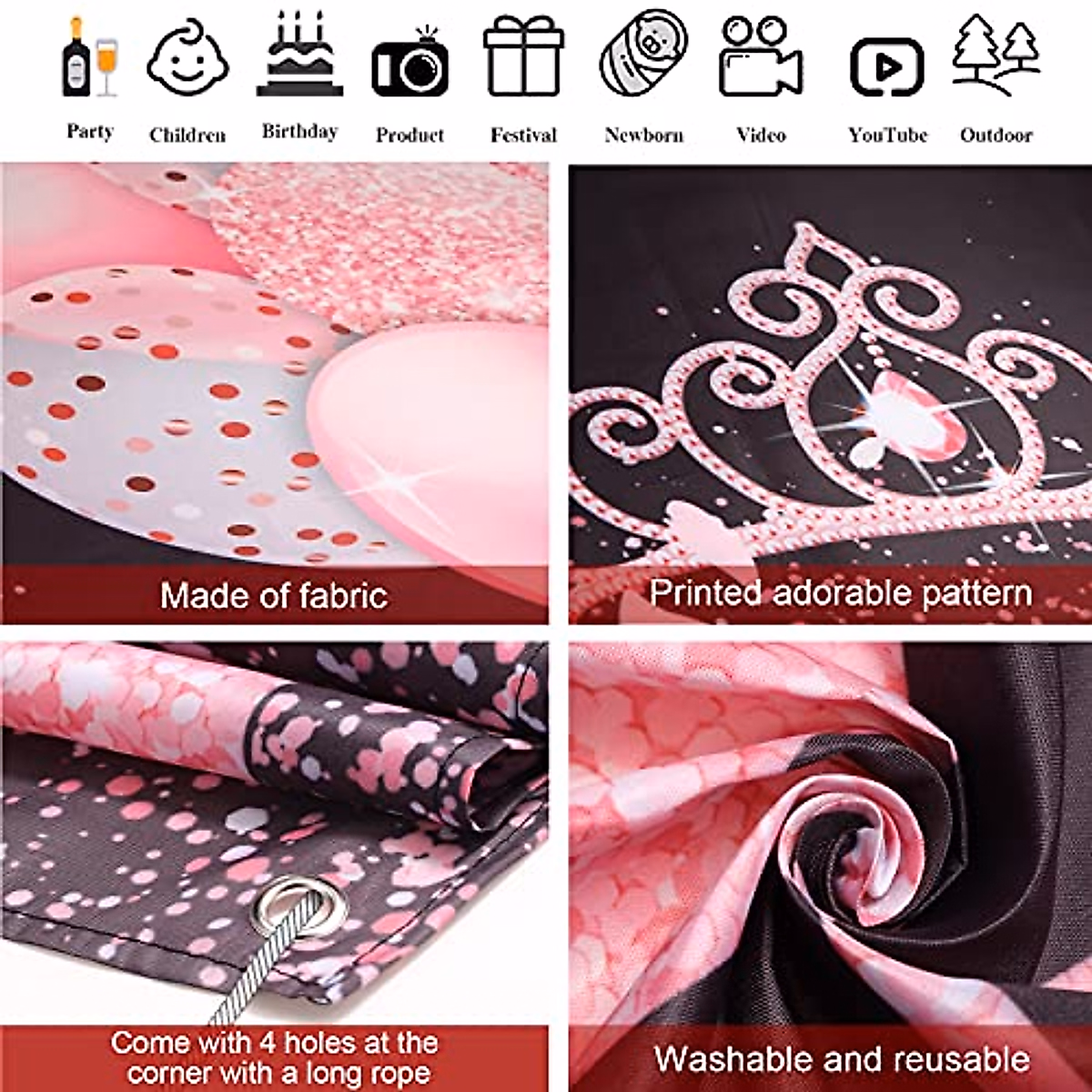 Happy Birthday Backdrop Fabric Glitter Rose Pink Birthday Background Banner Balloons Heels Wine Glass Photography Backdrop Birthday Party Decorations for Women Girls Birthday Supplies, 6 x 3.6 Feet