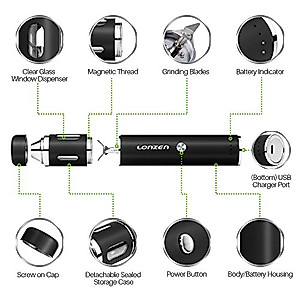 Rechargeable Electric Dry Herb Grinder - LONZEN 2018 Best Design. Crush the Toughest Spice with Heavy Duty Stainless Steel Blades. Clear Glass Dispenser Window. 2 - Year Warranty.