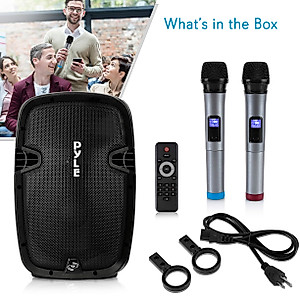 Pyle Karaoke Portable PA Speaker System - 1600W Active Powered Bluetooth Compatible Speaker, Rechargeable Battery, Easy Carry Wheels, USB MP3 RCA, FM Radio, 2 UHF Microphone, Remote - Pyle PPHP1599WU