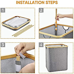 Grey Bamboo Frame Collapsible Laundry Hamper with Handles, Dirty Clothes Basket, laundry room clothes organizer, Oxford Foldable Laundry Baskets for Clothes,Towels, Blankets, Toys Organizer