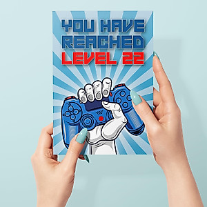 22nd Birthday Card, You Have Reached Level 22, Greeting Card for Twenty-Two Year Old Gamer Birthday Gift for Adult Son or Daughter, For Him Her Grandson Granddaughter, Blue