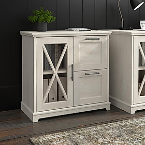 Bush Furniture Lennox Farmhouse 2 Drawer Lateral File Cabinet with Shelves in Linen White Oak | Versatile Storage for Home Office and Living Room