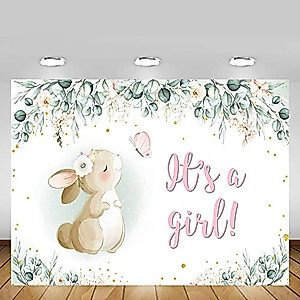 MEHOFOND 7x5ft Bunny Girl Baby Shower Party Decor Backdrop It's A Girl Banner Spring Easter Pink Floral Butterfly Rabbit Eucalyptus Leaves Photography Background Photobooth Props