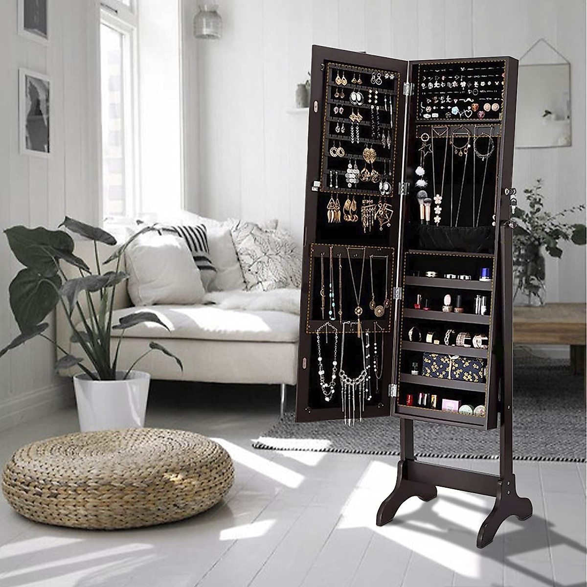 Uten Lockable Jewelry Armoire Large Jewelry Cabinet with Standing Mirror Jewelry Holder Organizer Storage, 4 Angle Adjustable(Brown)