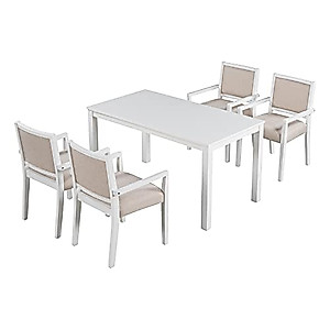 5 Piece Kitchen Dining Table Set, Wood Rectangular Dining Table with 4 Arm Upholstered Dining Chairs, Kitchen Room Table Set for 4 Persons (Beige)
