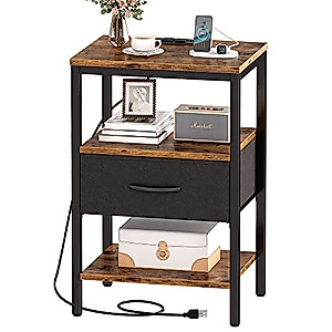 SUPERJARE Nightstand with Charging Station, Bed Side Table with Adjustable Fabric Drawer, Night Stand for Bedroom, 3-Tier Storage End Table, for Living Room - Rustic Brown