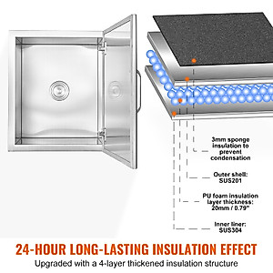 VEVOR Drop in Ice Chest, 28" L x 16" W x 17" H Stainless Steel Ice Cooler, Commercial Ice Bin with Hinged Cover, 40 qt Outdoor Kitchen Ice Bar, Drain-Pipe and Drain Plug Included, for Cold Wine Beer