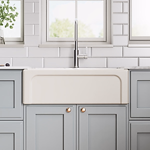 ELLAI Farmhouse Sink 30 Inch Beige Fireclay Apron Front Single Bowl Deep Drop In Kitchen Sink Undermount Farm Sink with Bottom Grid & Strainer, 30”x18”x10” Reversible Matte Biscuit