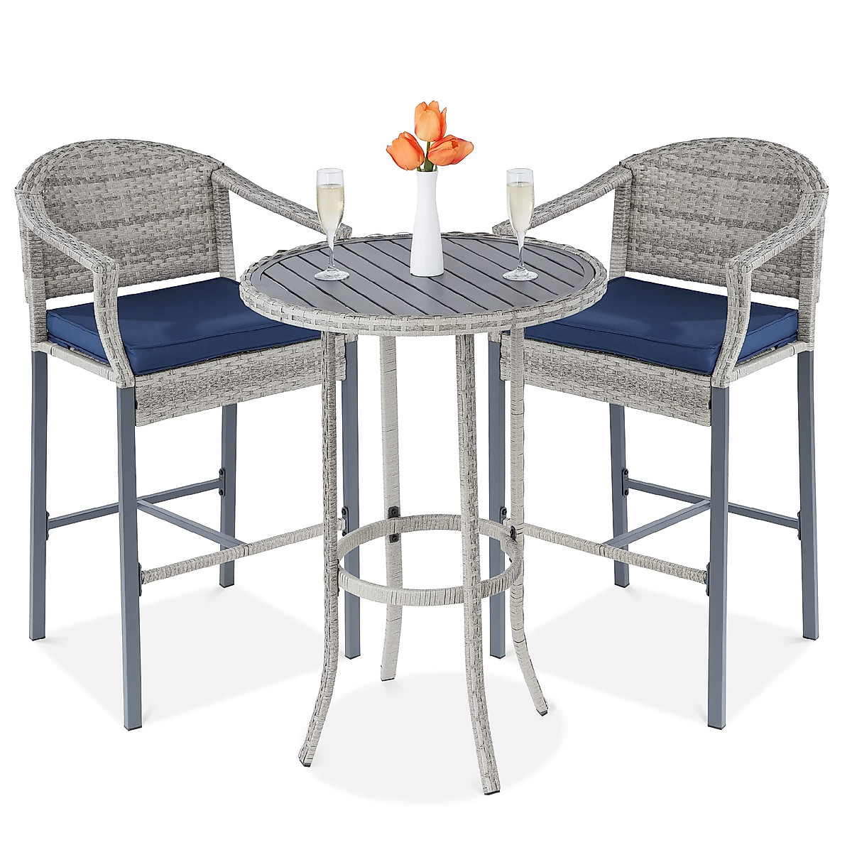 Best Choice Products 3-Piece Patio Bar Table Set, Outdoor Wicker Bar Height Bistro Furniture for Backyard, Poolside, Balcony w/Barstools, Cushions, Steel Frame – Gray/Blue