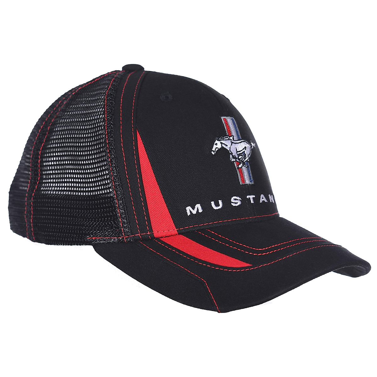 Checkered Flag Men's Ford Mustang Cap Adjustable Black Trucker Hat
