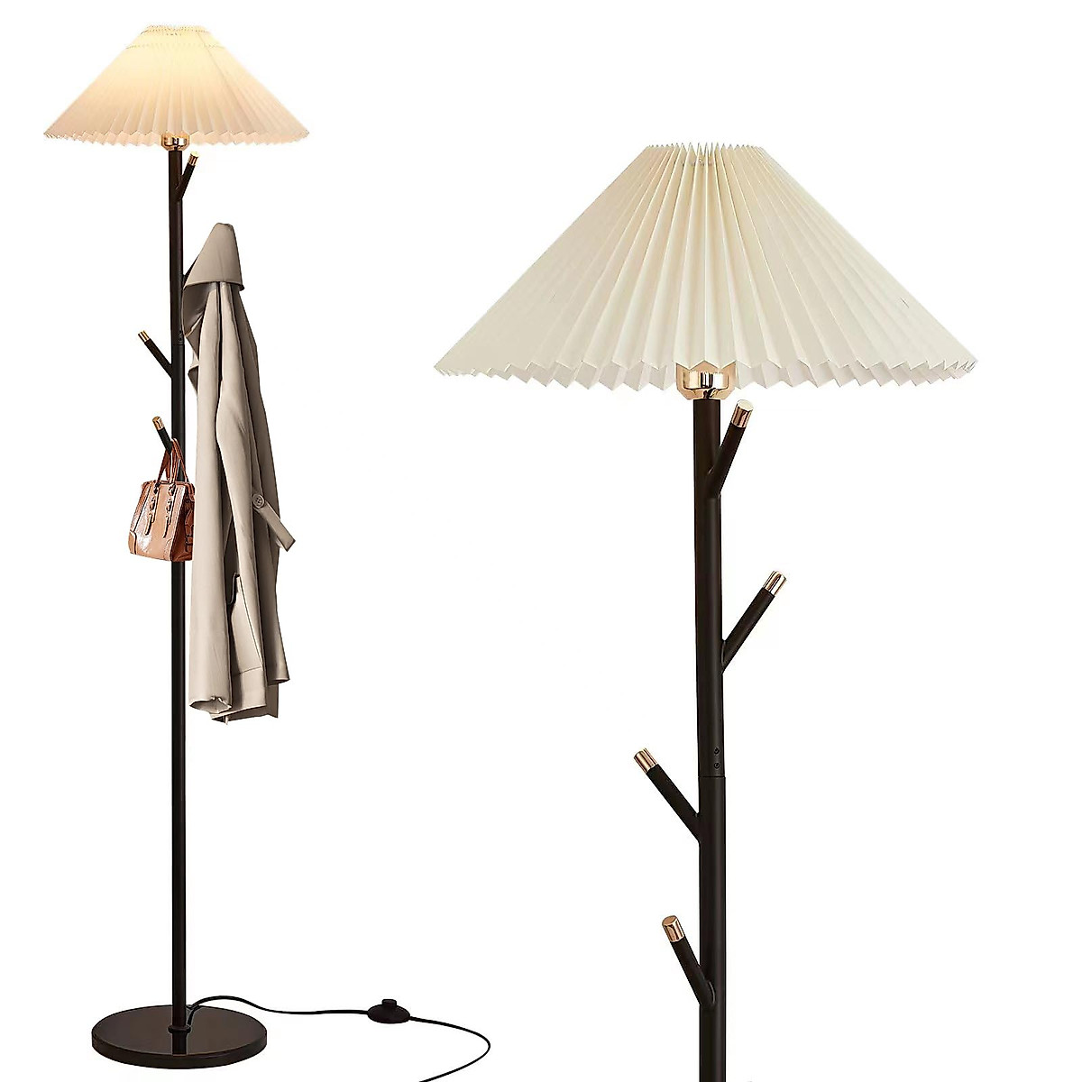 Unique Floor Lamps Modern,Black Simple Floor Lamp with Coat Rack,Tree LED standing lamp ,Lamparas De Pie Para Sala for Living Room Office or Bedroom - Includes Two Pleated Lampshades (Beige+Green)