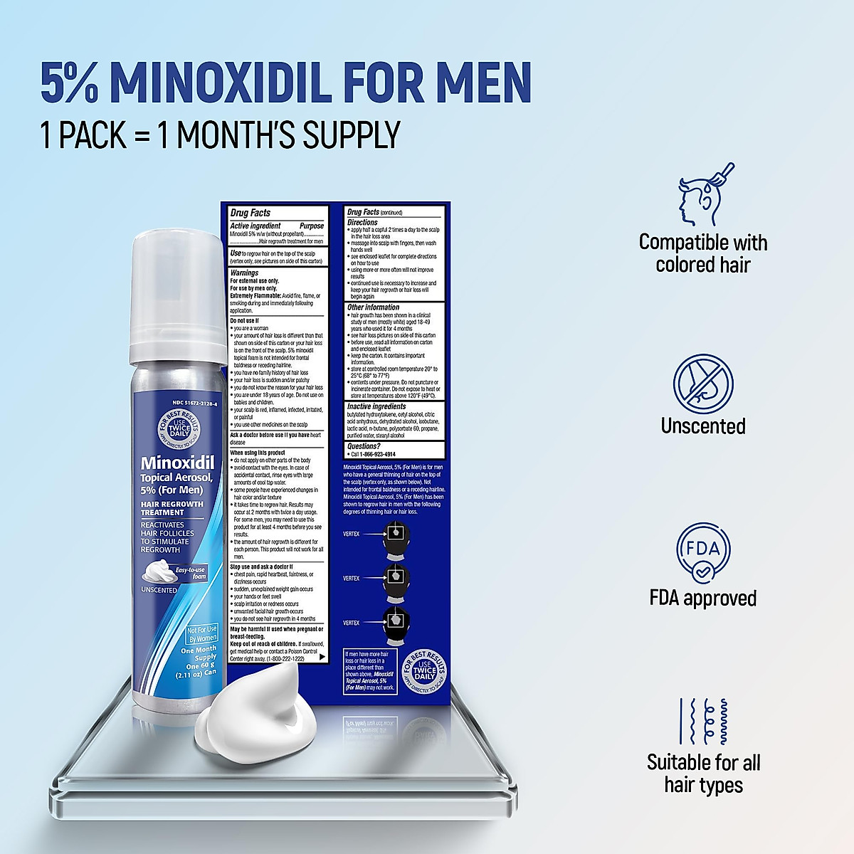 Taro Minoxidil Topical Aerosol Foam, 5%, Hair Regrowth Treatment for Men, 2.11 oz