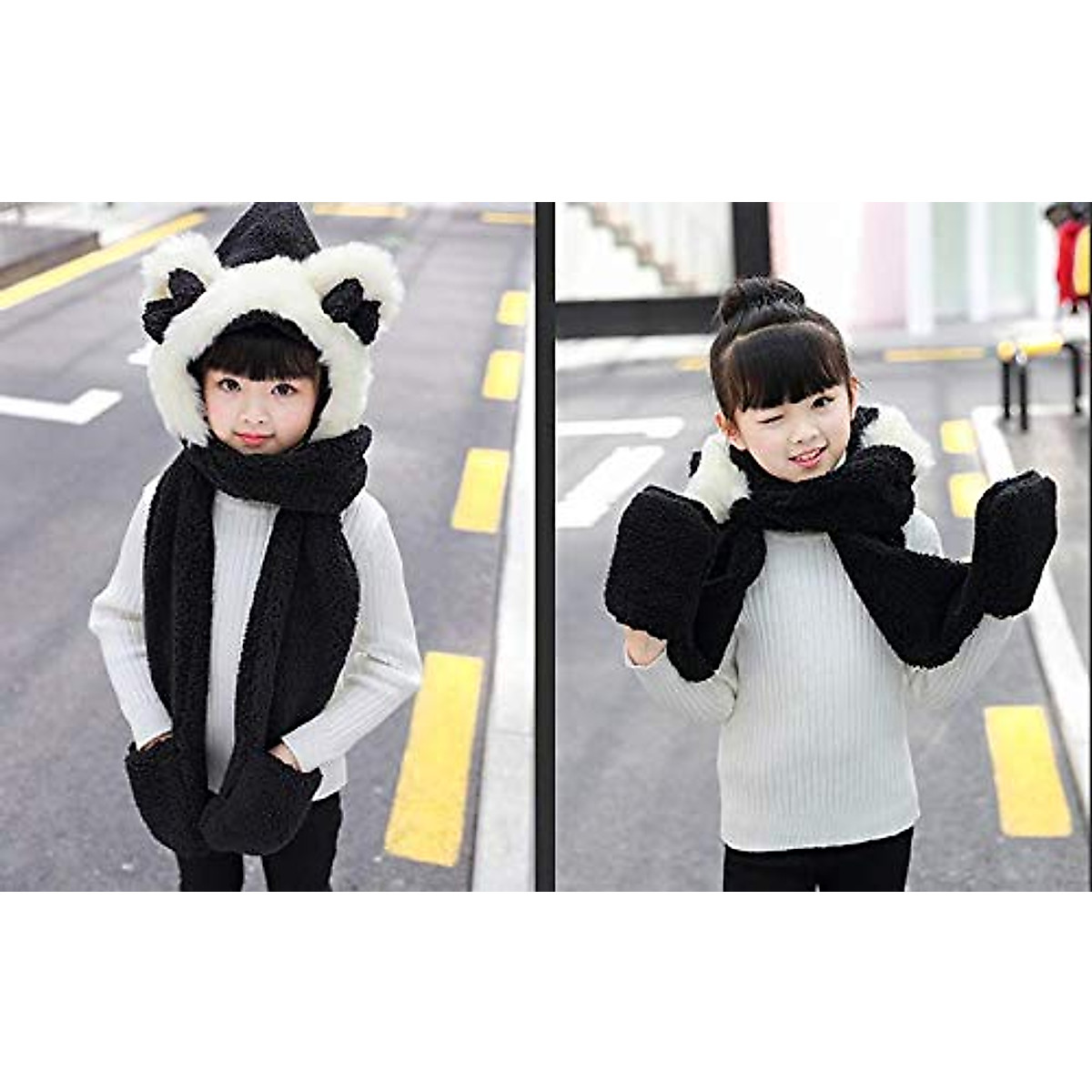 Kids Toddler Cartoon Fleece Hat Gloves Scarf 3 in 1 Set Girls Boys Winter Cute Warm Long Hoodie Earflap Hat A-Black