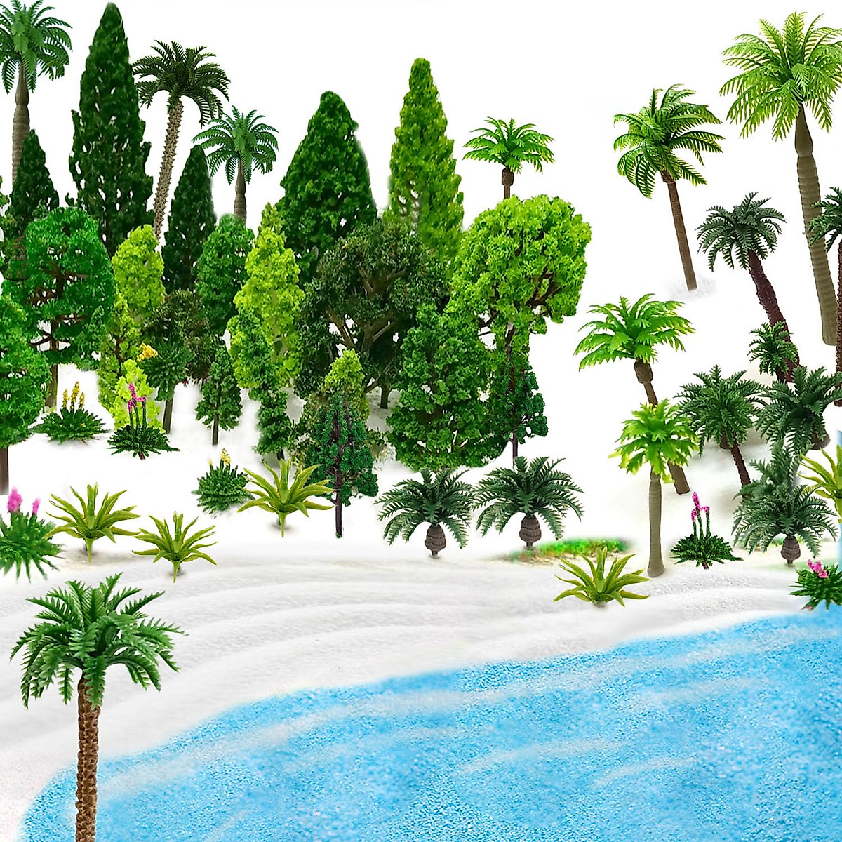 QuarenDen Model Trees, Miniature Trees, 38Pcs, Architecture Trees, Palm Trees with Sand for DIY Scenery Landscape, Model Train Scenery