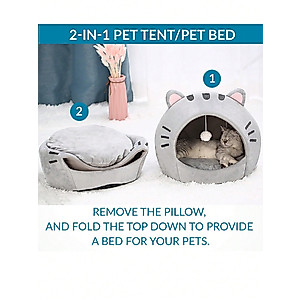 QWINEE Indoor Cat Bed Cave with Removable Cushion - Pet Plush Tent House Cartoon Ear Design Pet Bed with Pompom for Cats Kitten Dogs Puppy and Rabbit Grey S