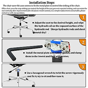 LJZP 3 Pack Fix Sinking Office Chair, Office Chair Saver for Stop Sinking Solid Stainless Steel Adjustable Height Chair Saver Kit with Hexagon Wrench Adjustable Height and Leather Pads Support