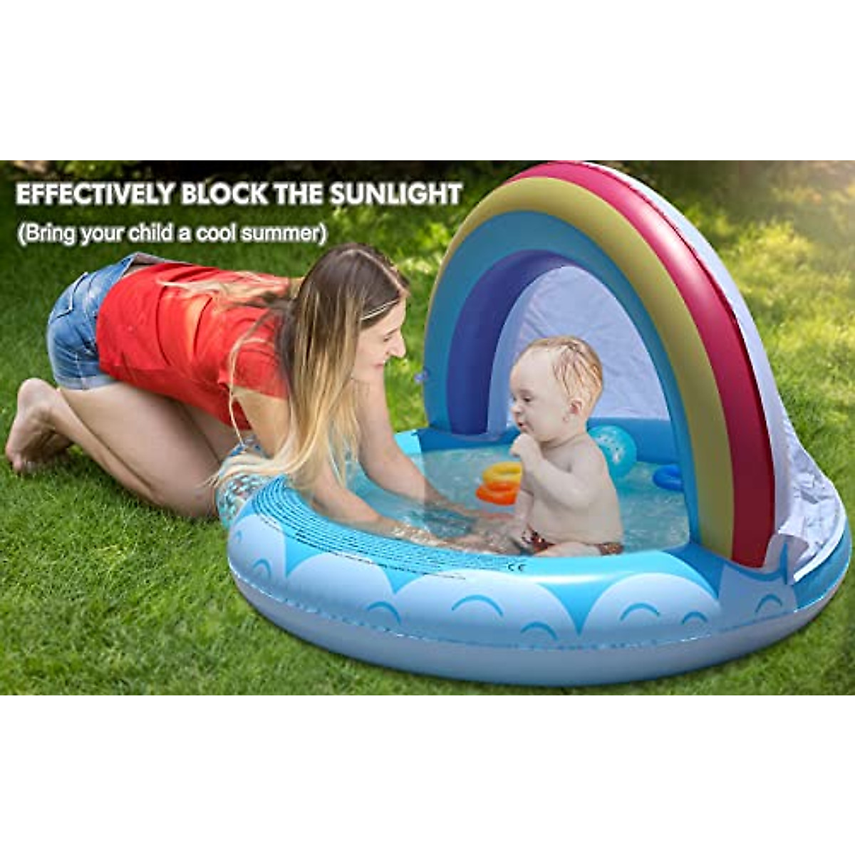Rainbow Blow up Kiddie Pool Inflatable Mini Swimming Pool Water Baby Shade Beach Tent Pool 37" X 26" Portable Wading Pool with Canopy for Outdoor Backyard for Kids Toddler