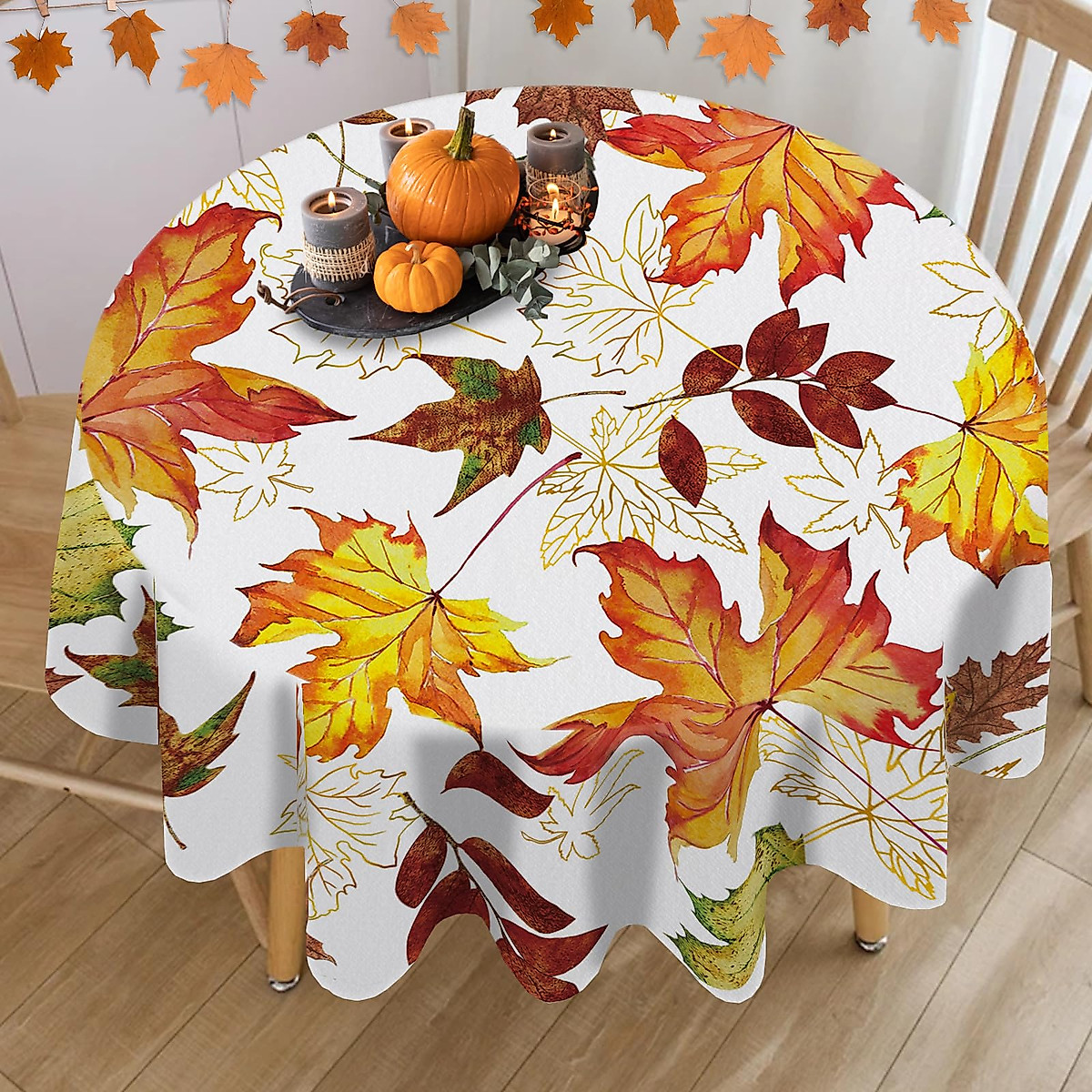 Tailus Fall Maple Leaves Round Tablecloth 60 x 60 Inch, Autumn Gold Leaf Decorative Table Cloth Rustic Dining Table Cover, Farmhouse Thanksgiving Dinner Party Picnic Decoration