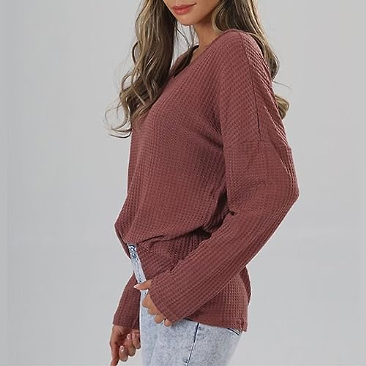 Deals of The Day Clearance Women's Tops Oversized v-Neck Long Sleeve Solid Color Shirts Waffle Knit Casual Loose 2023 Trendy Tees Shirt Wine M