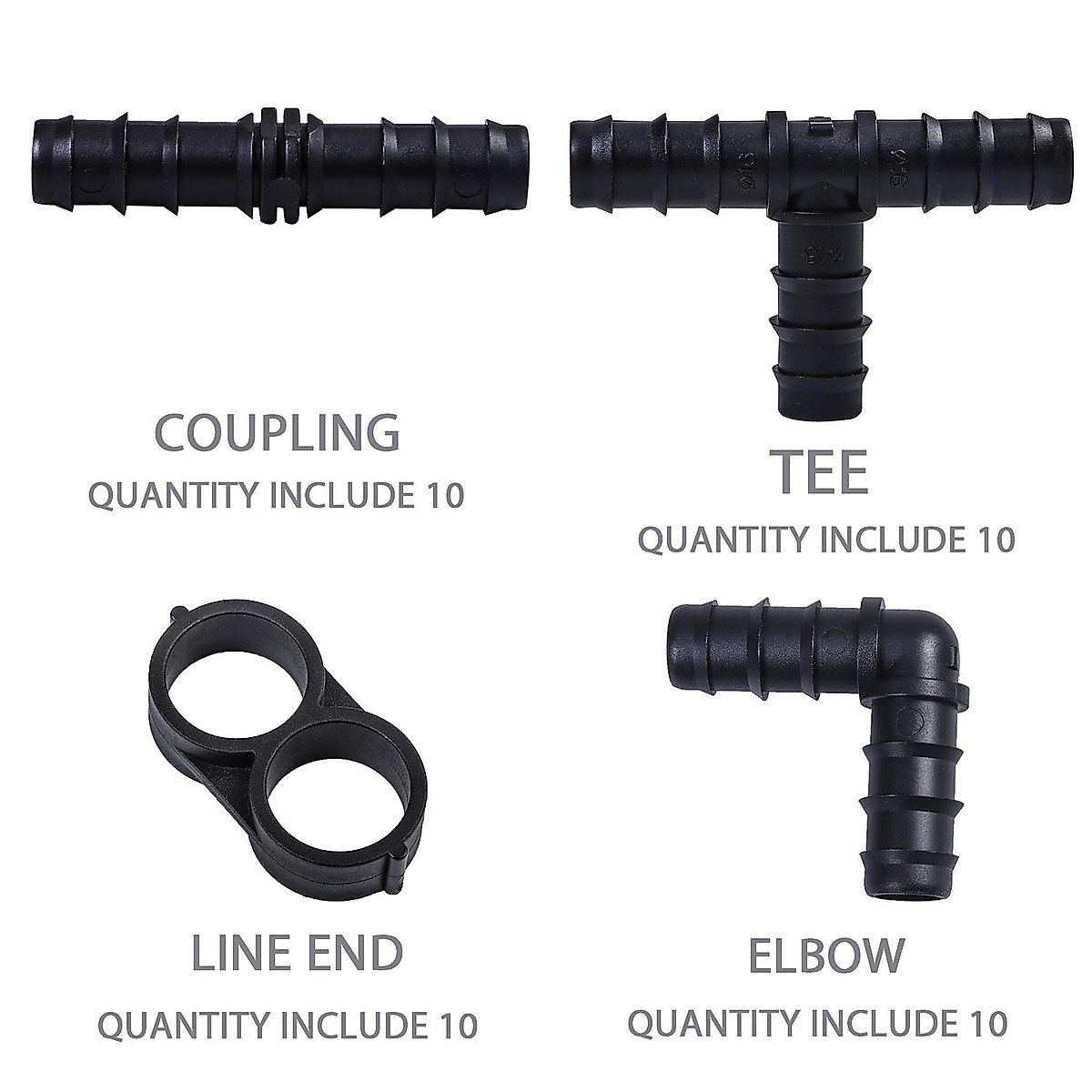URATOT 40 Pieces Drip Irrigation Fittings Kit 1/2" Tubing Set, 10 Tees, 10 Couplings, 10 Elbows and 10 End Cap Plugs Drip Irrigation Barbed Connectors for Drip Sprinkler Systems