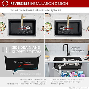 STYLISH 28 x 18 inch Workstation Dual Mount Granite Composite Single Bowl Reversible Kitchen Sink with Regular Strainer, Colander, Drying Rack and Cutting Board (Black) S-828WN