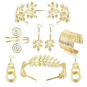 YADOCA 6 Pcs Greek Goddess Costume Accessories Set for Women Gold Laurel Leaf Crown Headband Upper Arm Cuff Coil Bracelet Pearl Dangle Earring Bridal Bridesmaid Wedding Headpiece Toga Costume Jewelry