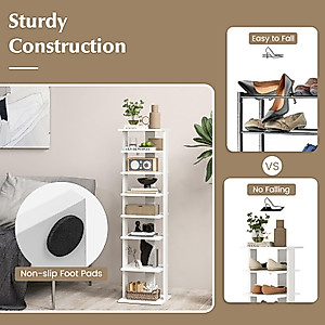 COSTWAY 8-Tier Vertical Shoe Rack, Tall Narrow Shoe Storage Organizer with Removable Shelf for Boots, Anti-Tipping Kit, Space-Saving Shoe Stand with for Small Place, Entryway (White)