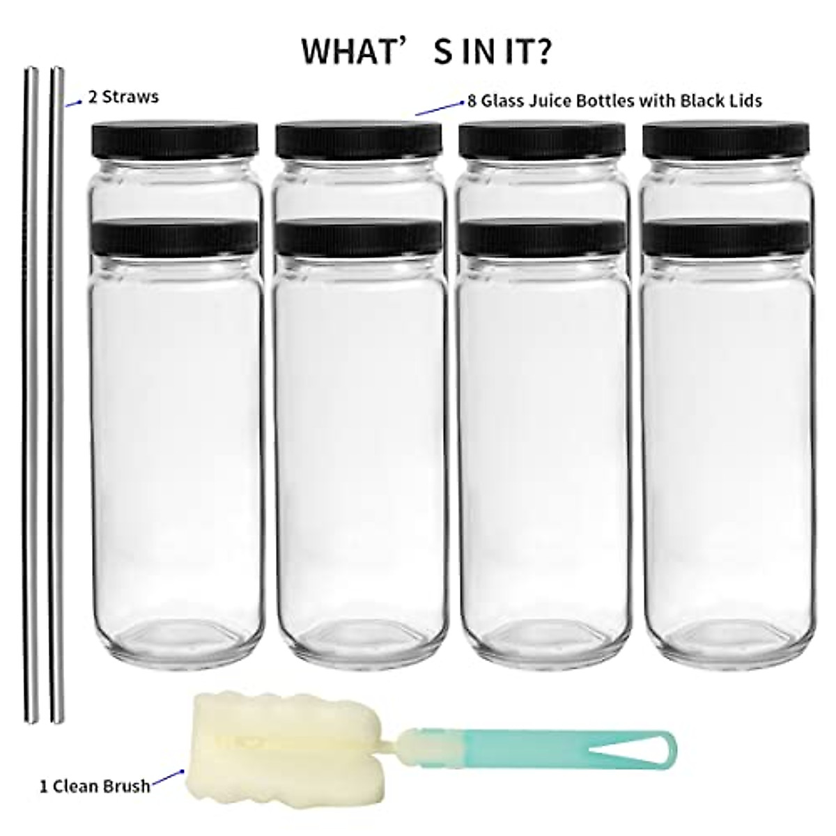 8 Pack 16OZ Glass Juice Bottles with Caps - OAMCEG Smoothie Cups with Airtight Lids and Straws, Reusable Juice Bottles for Juicing, Glass Drinking Mason Jars Juicing Bottles Travel Bottles Water Cups