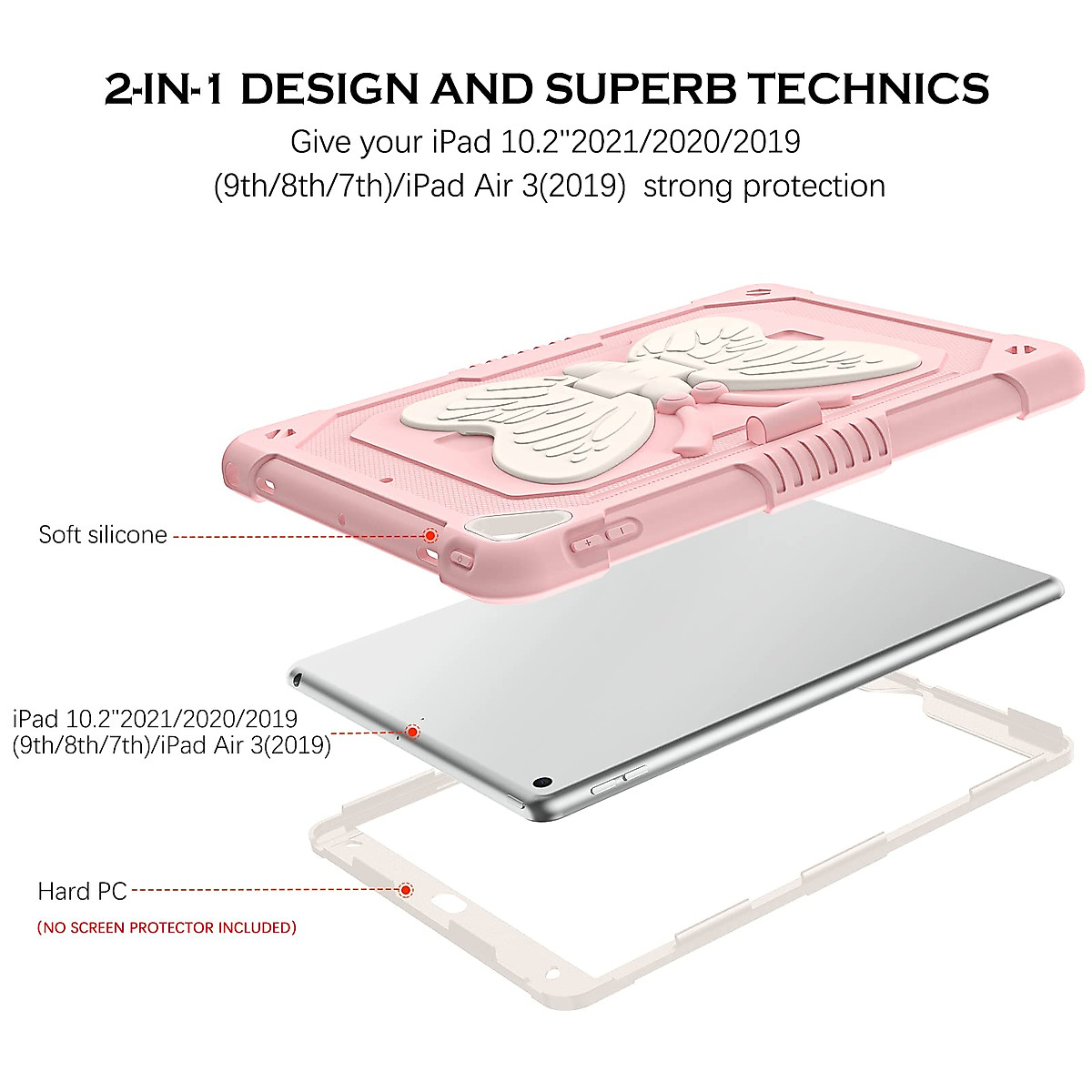 YINLAI for iPad 10.2 Inch Case,iPad 9th 8th 7th Generation Case,iPad air 3rd Case with Pencil Holder Kids Girls Butterfly Kickstand Shockproof Protective Cover for iPad 9th 8th 7th Gen 2021/2020,Pink