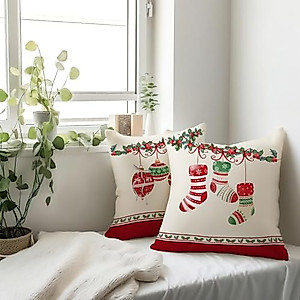 Cryfox Merry Christmas Pillow Covers 18x18 Set of 2 Winter Christmas Ball Ornament Stocking Pillow Cases Cotton Pillowcase Christmas Art Decor Throw Pillow Covers Standard Size for Couch Bed Sofa