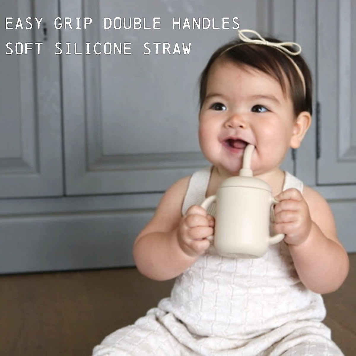 LoveyLu Silicone Sippy Cup, Toddler Cup With Straw, Training Soft Spout Cups for Toddlers With Handles, No Spill Lids, Durable, Drop Proof, Easy Grip, Microwave, Dishwasher, and Freezer Safe, Sand