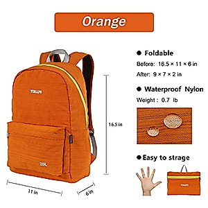 vimapo Foldable Casual Daypack, Lightweight Nylon Backpack for Travel, 20L Packable Hiking Daypack, Camping Outdoor Cycling Bag for Adults (Orange)