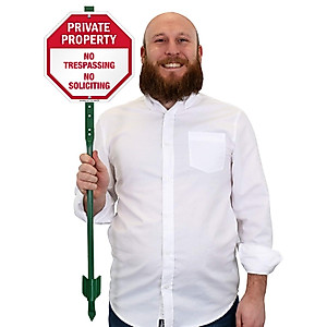 SmartSign 'Private Property - No Trespassing No Soliciting' Yard Sign (3 Ft Stake, 10 x 10 In, Red and White) 40 mil Laminated Rustproof Aluminum, Set of 1, Made in USA
