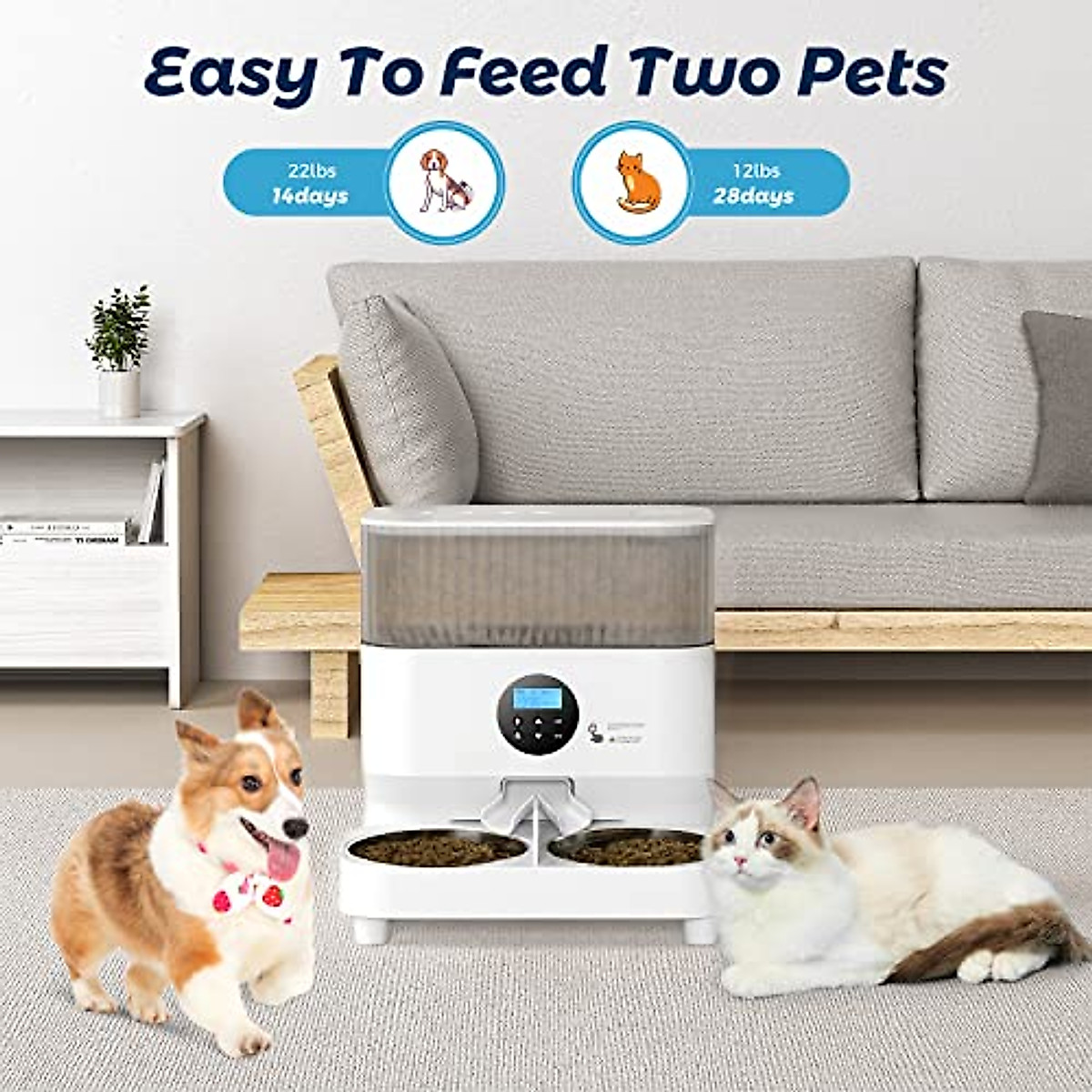 Sobralik Elevated Automatic Cat Feeder for Two Cats, 5L Dry Food Dispenser with Splitter and Two Stainless Bowls, 4 Meal Per Day and Portion Control, 10s Voice Recorder, Dual Power Supply