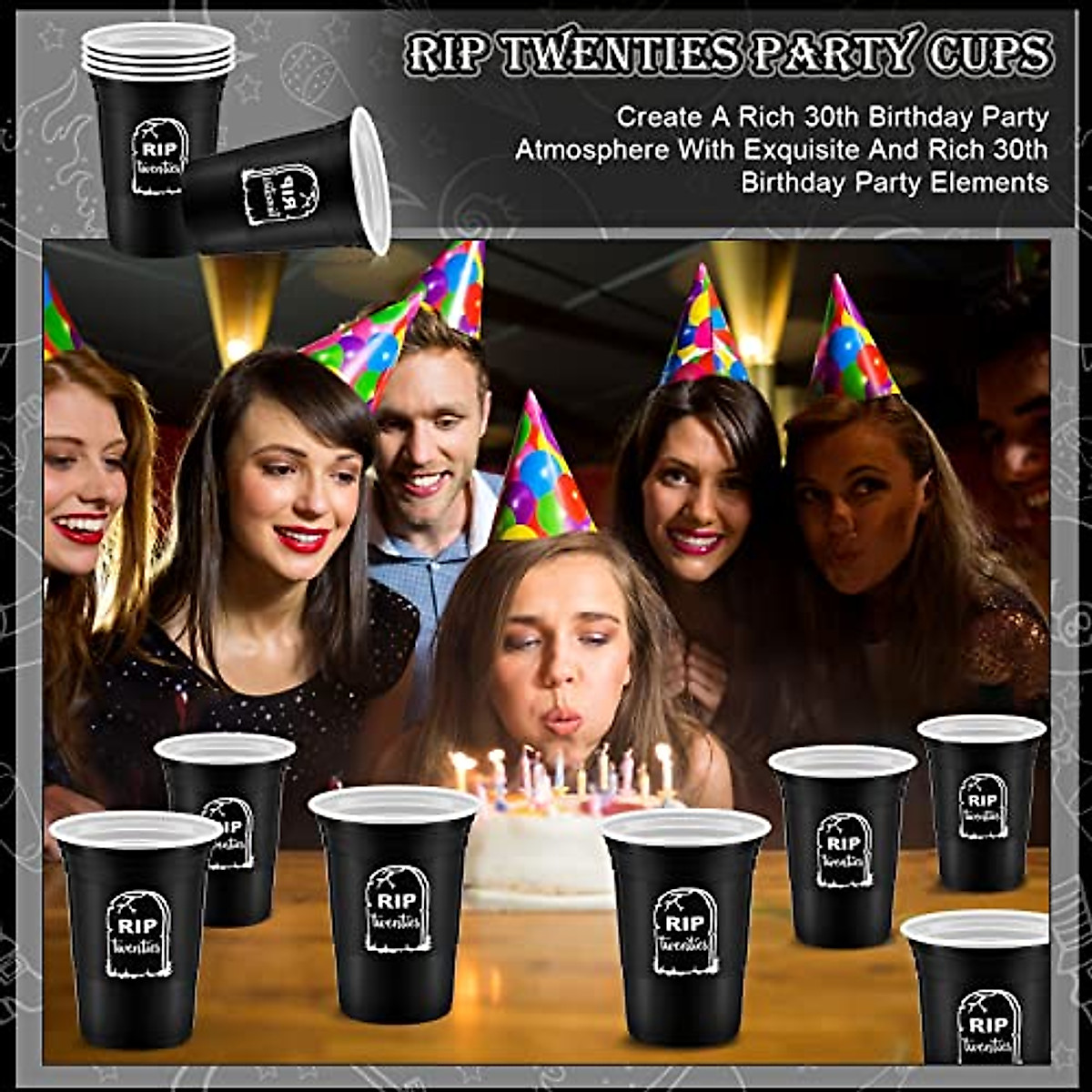 Rtteri 48 Pack Death to My 20s Disposable Party Thick Plastic Cups, 16 oz RIP to My 20s Birthday Decorations 30th Birthday Black Cups RIP Twenties Birthday Cups for 30th Birthday(White, Black)