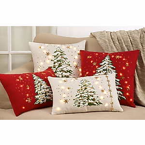 Fennco Styles Christmas Tree Design with LED Light Decorative Throw Pillow Cover & Insert 13 x 20 Inch - White Pillow for Holiday Décor, Couch, Living Room and Bedroom Décor
