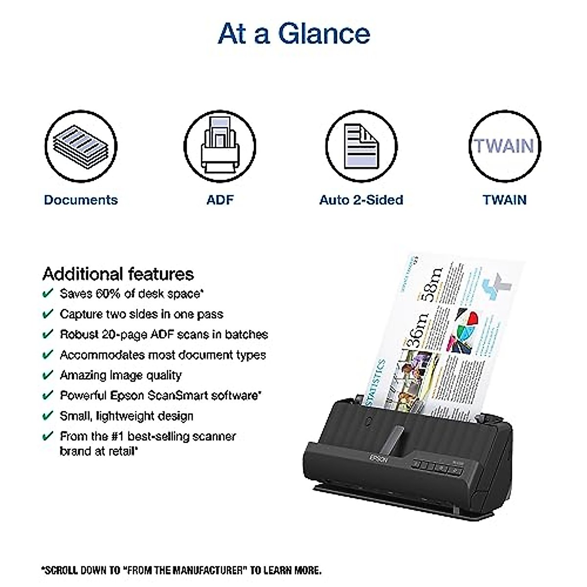 Epson Workforce ES-C220 Compact Desktop Document Scanner with 2-Sided Scanning and Auto Document Feeder (ADF) for PC and Mac