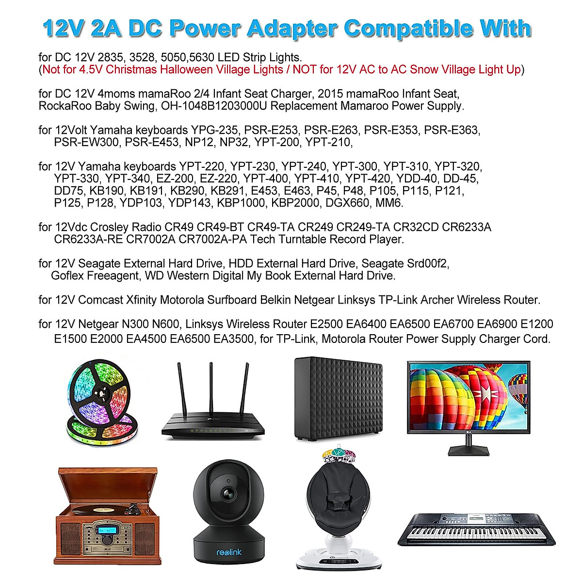 TKDY 12V 2A DC Power Supply AC Adapter Cord with Switch, 100-240Vac to DC 12 Volt 2 Amps 24W Transformer, for DC12V Yamaha Keyboard 12Vdc Record Player Massager LED Strip Lights Router Soundbar.